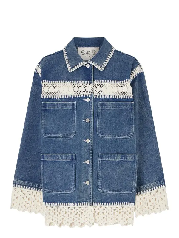 Sea Crochet-trimmed Denim Jacket - Blue