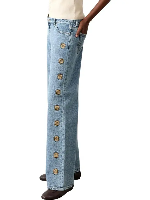Mango Embroidered Straight Leg Nonstretch Jeans - Medium Blue