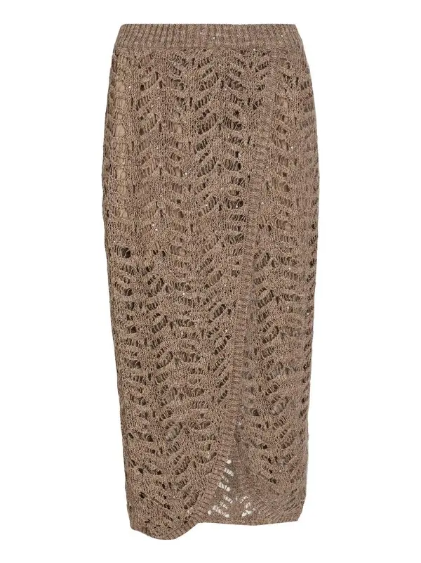 Brunello Cucinelli Wrap-effect Embellished Open-knit Linen-blend Midi Skirt - Taupe