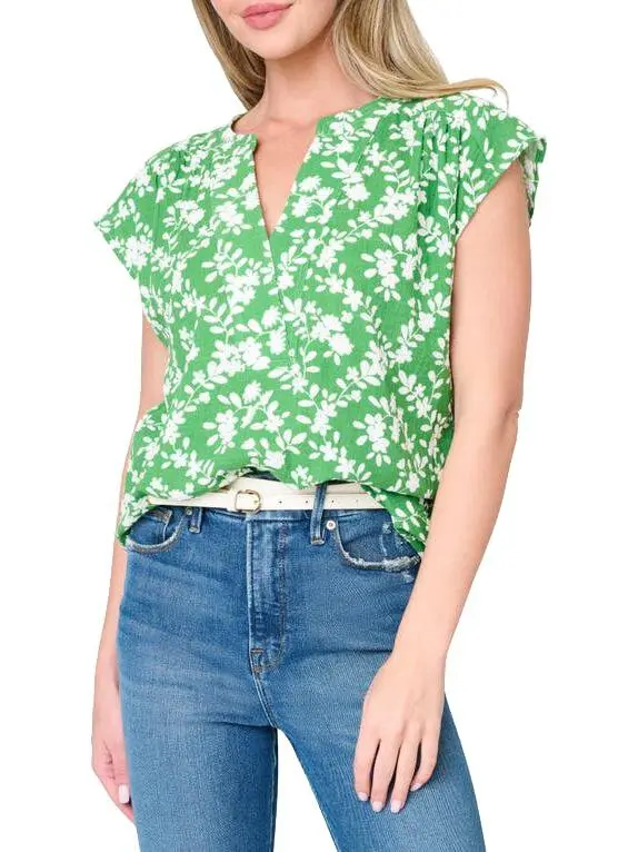 GIBSONLOOK Printed Split-neck Top - Green Trellis
