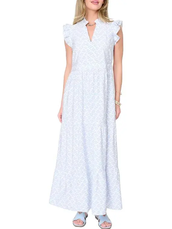 GIBSONLOOK Printed Flutter Sleeve Maxi Dress - Blue Motif Leaf
