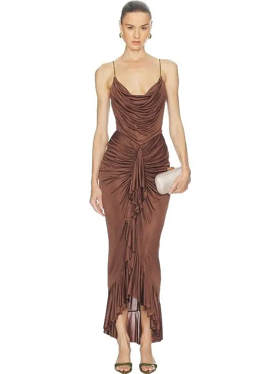 Atlein Ruffle Strappy Long Dress - Bronze