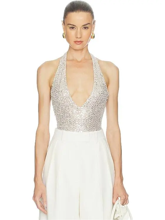 Alice + Olivia Pippa Sequin Bodysuit - Almond & Silver