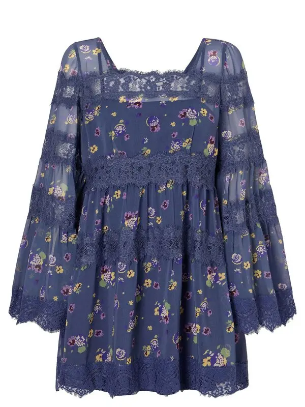 Anna Sui Pleated Floral-print Mini Dress - Blue