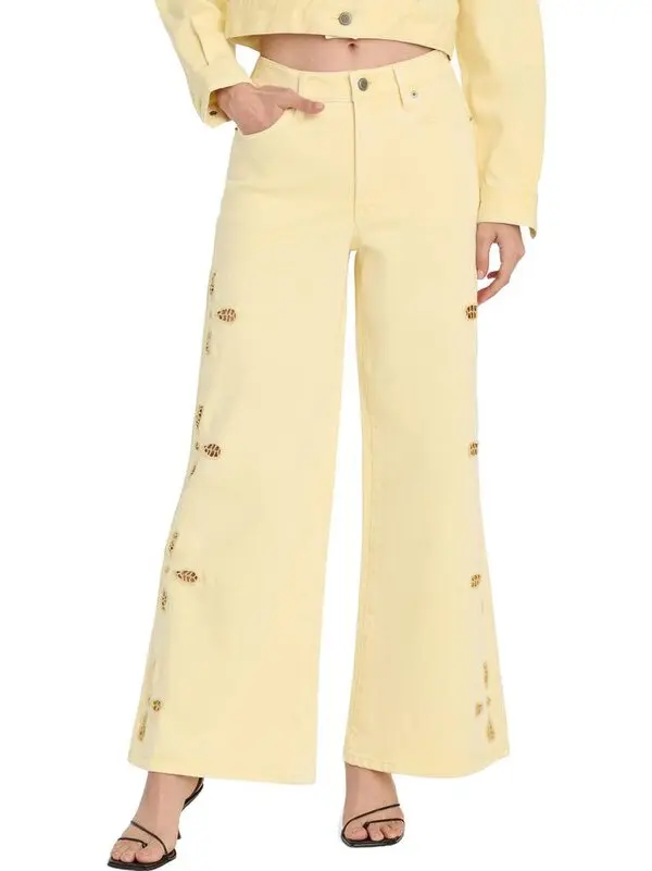 Good American Good Waist Embroidered Palazzo Jeans - Anise Yellow