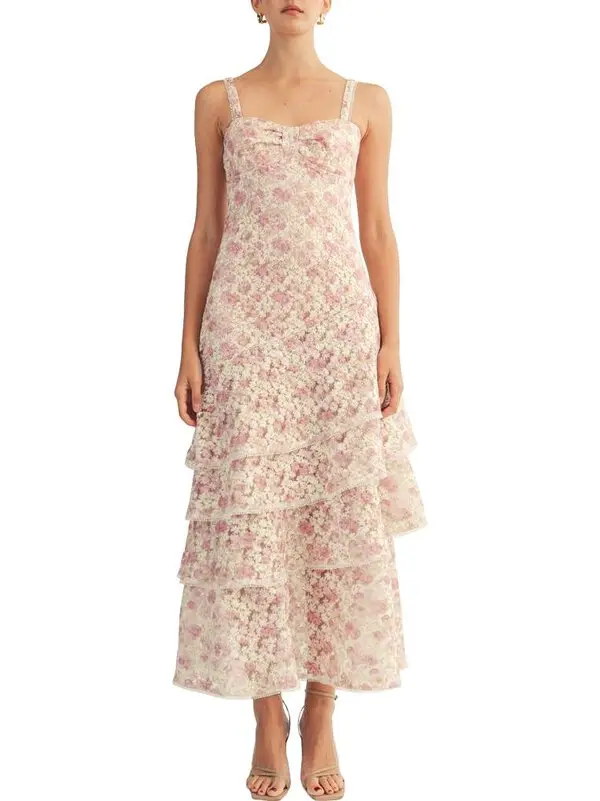 AROSE STUDIO Lorraine Layered Ruffle Sleeveless Maxi Dress - Pink Multi