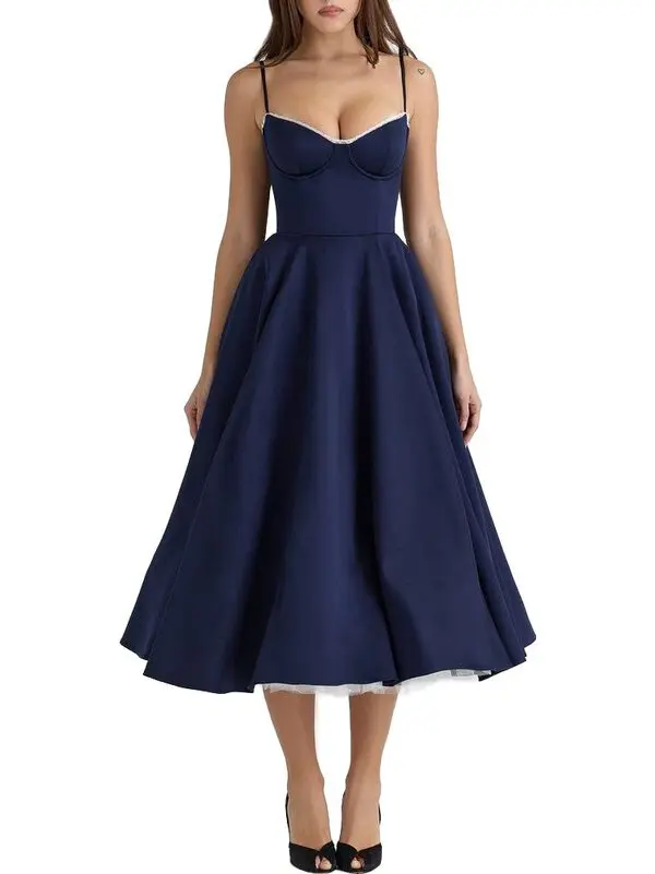 House Of Cb Sleeveless Satin Tulle Midi Dress - Navy