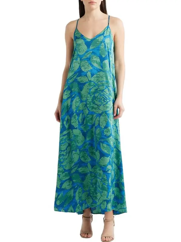 TAHARI ASL Printed Sleeveless Maxi Dress With Pockets - Green Blue