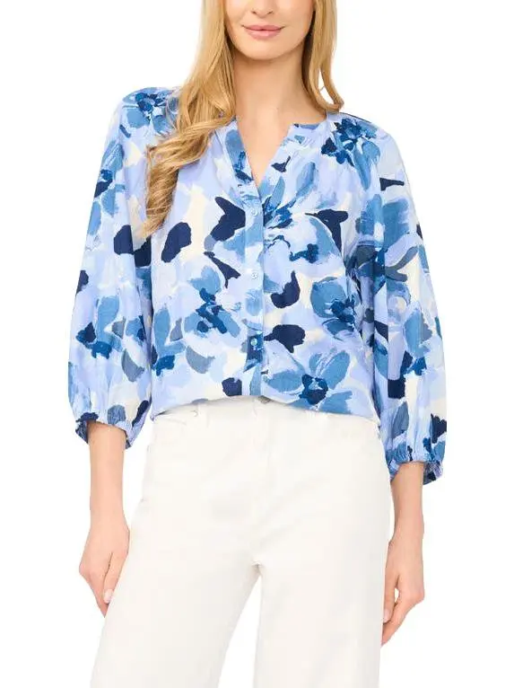 Halogen Floral Balloon Sleeve Button-up Top - Moonlight Blue