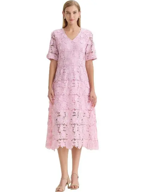 Misook Lined Floral Lace Applique Woven Midi Dress - Cherry Blossom