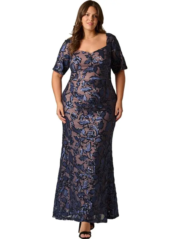 Adrianna Papell Sequin Embellished Stretch Mesh Gown - Navy/rosegold