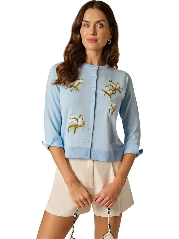 Adrianna Papell Floral Embroidery Cardigan - Light Sky