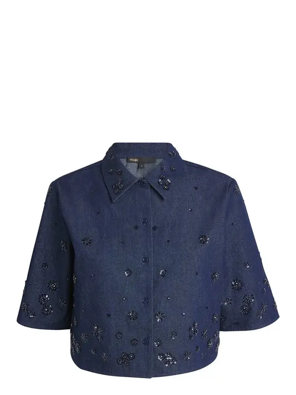 Maje Denim Embellished Cropped Shirt - Blue