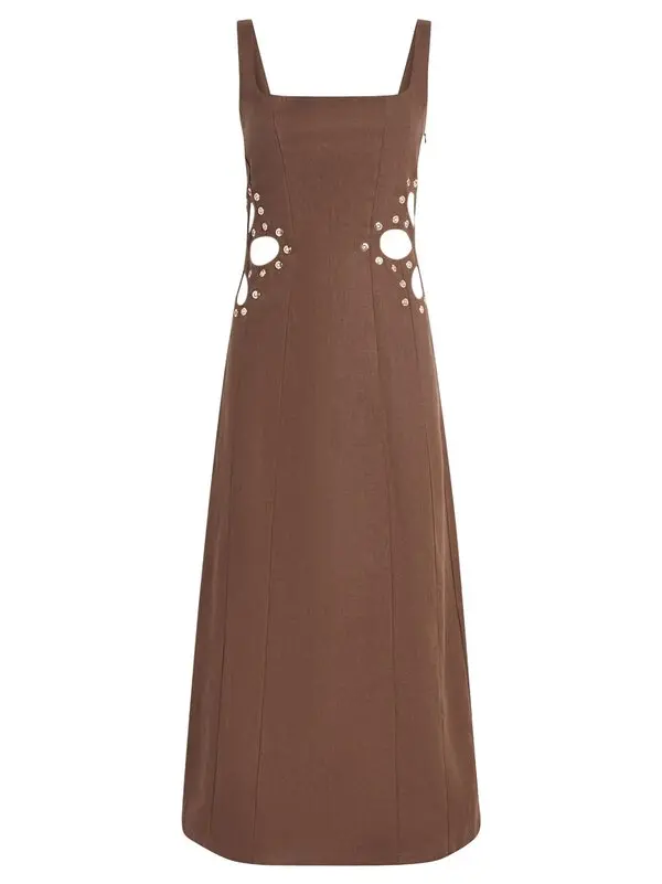 Maje Linen Cut-out Midi Dress - Brown