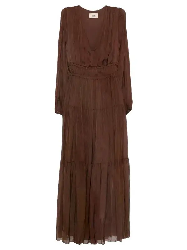SOLOTRE Tiered V-neck Dress - Brown