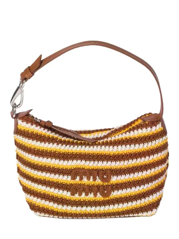 Miu Miu Striped Crochet Pouch With Leather Handle - Brown