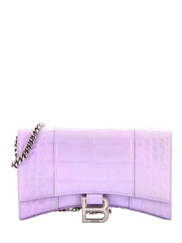 Balenciaga Hourglass Chain Wallet Crocodile Embossed Leather Clutch - Purple