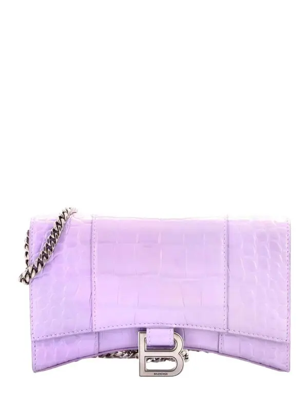 Balenciaga Hourglass Chain Wallet Crocodile Embossed Leather Clutch - Purple
