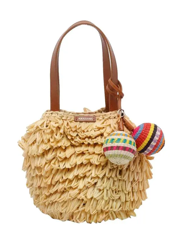 AQUAZZURA Pompom Raffia Mini Bag - Neutrals