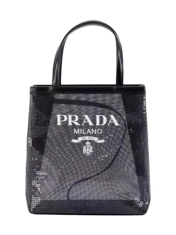 Prada Logo Open Sequined Mesh Small Tote Bag - Black