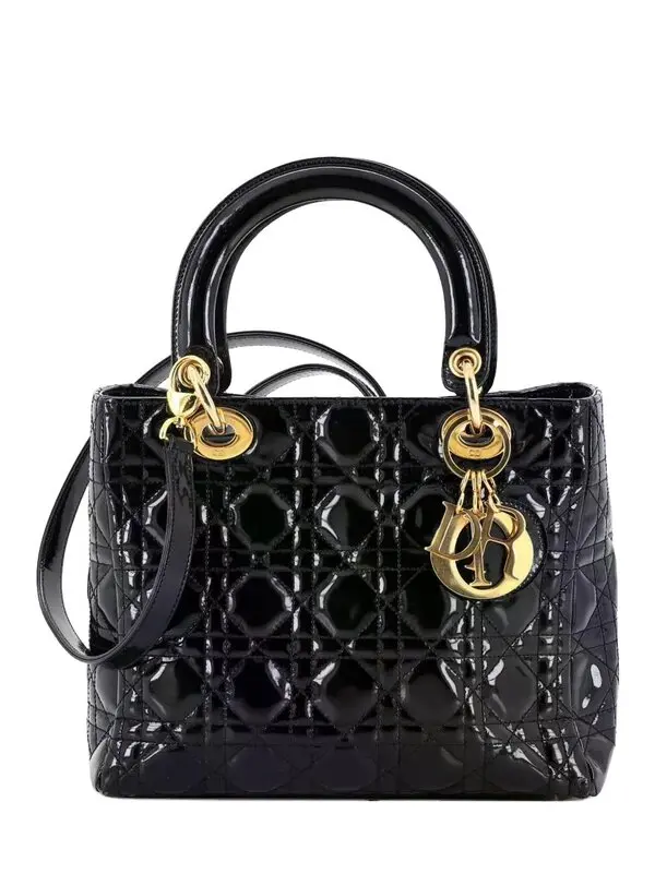 Dior Vintage Lady Cannage Quilt Patent Medium Satchel - Black