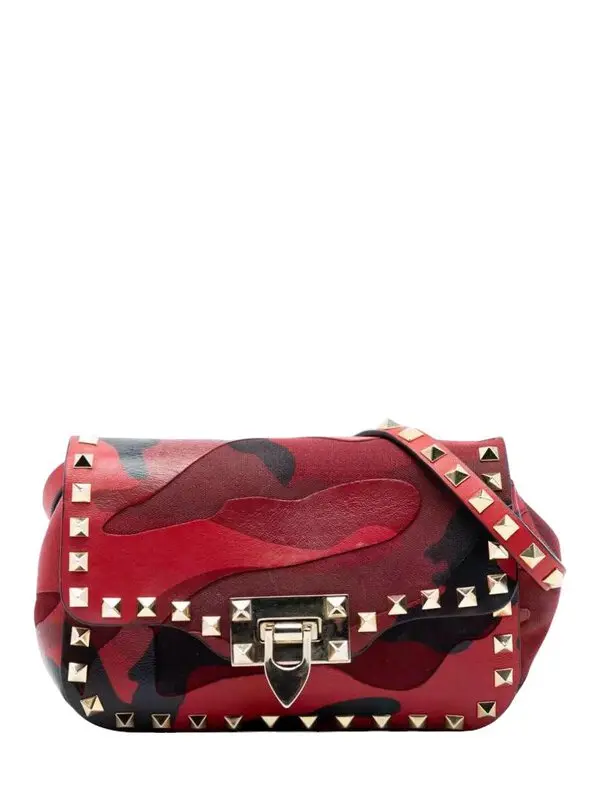 Valentino Garavani 2000-2017 Mini Nappa And Canvas Camouflage Rockstud Flap Crossbody Bag - Red