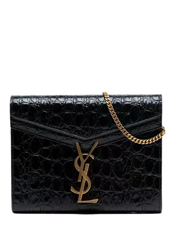 Saint Laurent Shiny Croc Embossed Calfskin Monogram Cassandra Chain Wallet - Black