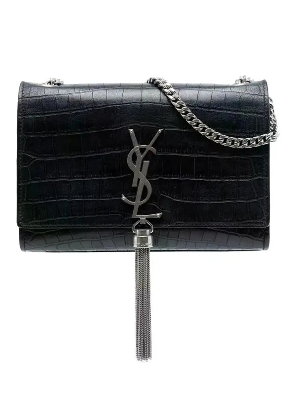 Saint Laurent Croc Embossed Leather Monogram Kate Tassel Wallet On Chain - Black