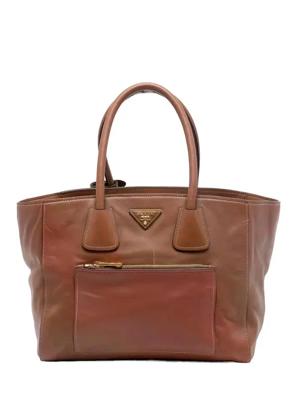 Prada Soft Calf Front Pocket Convertible Tote Satchel - Brown