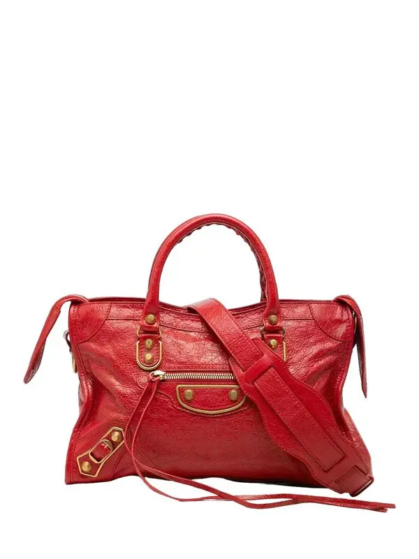 Balenciaga 2017 Small Lambskin Motocross Classic Metallic Edge City Satchel - Red