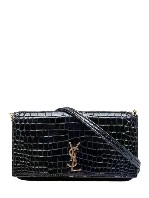 Saint Laurent Croc Embossed Leather Cassandre Phone Holder - Black