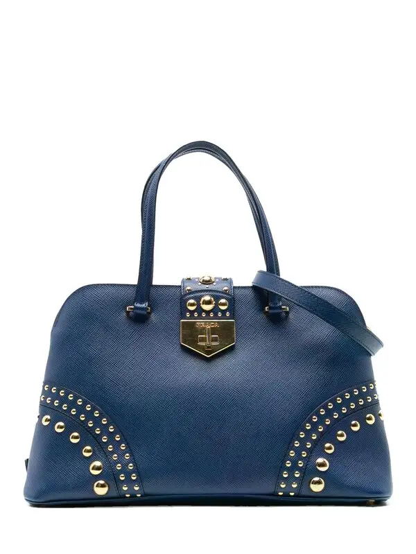 Prada Studded Saffiano Cuir Promenade Satchel - Blue