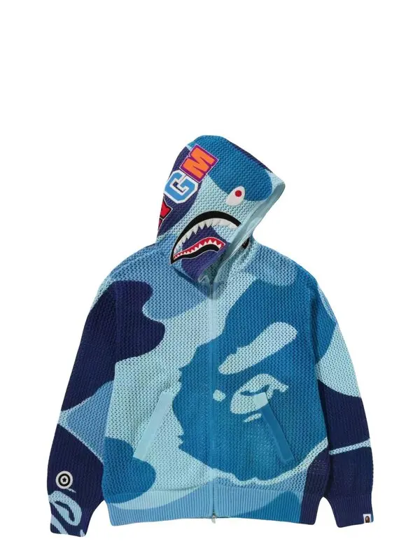 A BATHING APE Camo Crochet Shark Hoodie - Blue