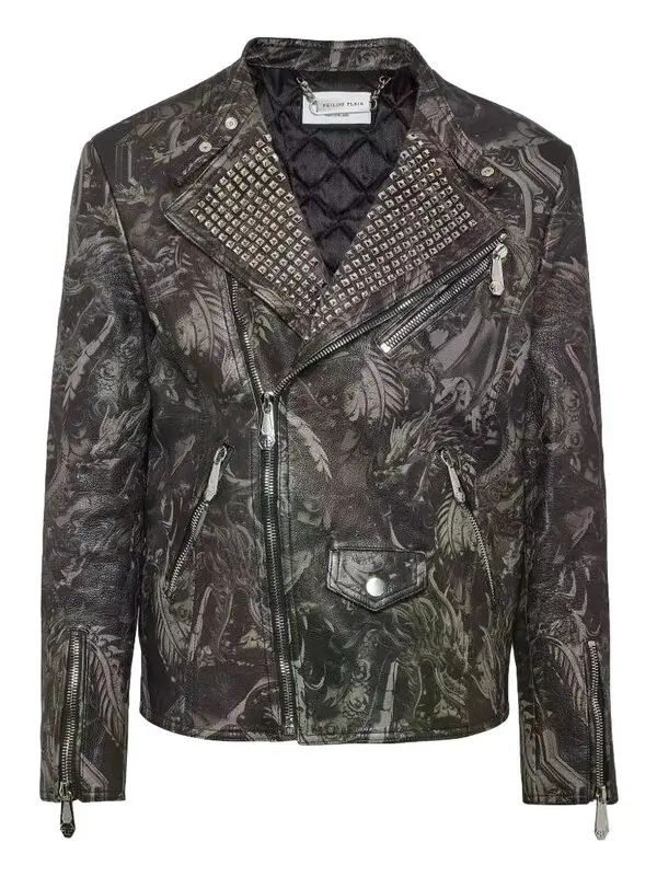Philipp Plein Skull Studded Biker Jacket - Black