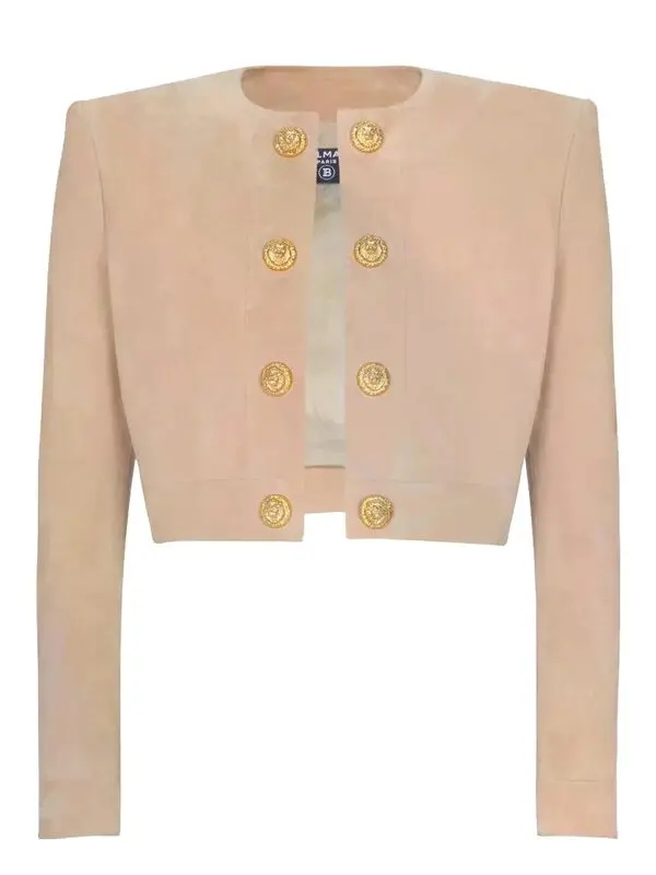 Balmain Cropped Leather Jacket With Buttons - Neutrals