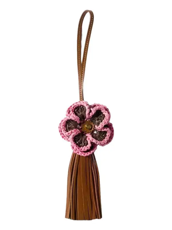 Miu Miu Leather And Raffia-effect Yarn Floral Charm With Logo Detail - Brown