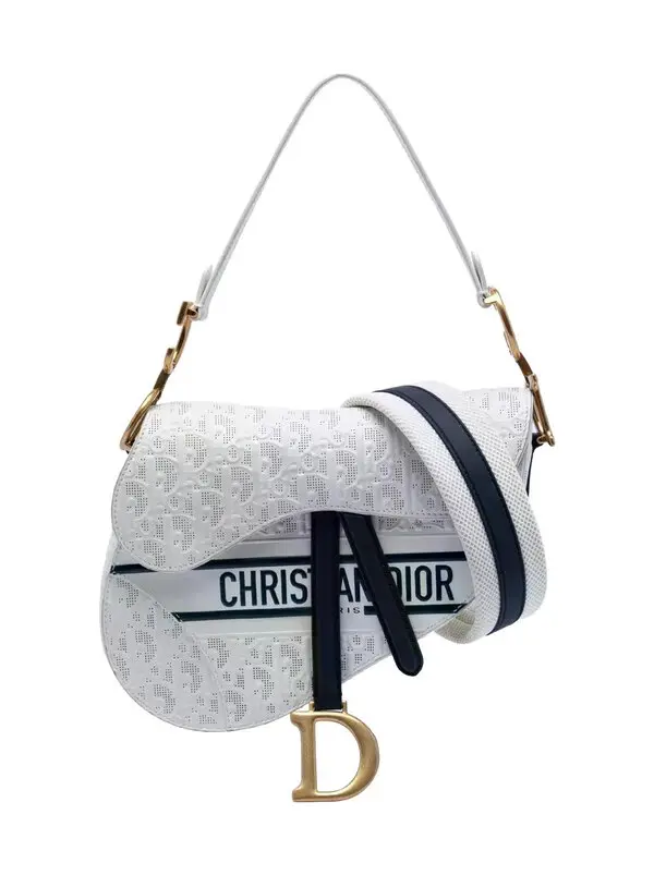 Dior 2021 Perforated Oblique Embossed Calfskin Saddle Bag - Blue