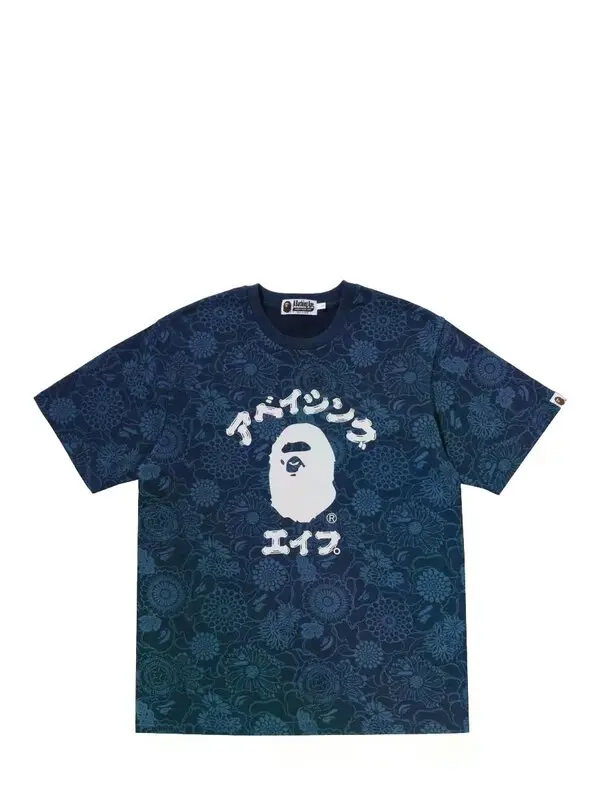 A BATHING APE Japanese Art Camo College Cotton T-shirt - Blue
