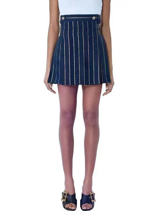 VIVIENNE WESTWOOD Striped Pleated Linen Mini Skirt With Button Detail - Blue