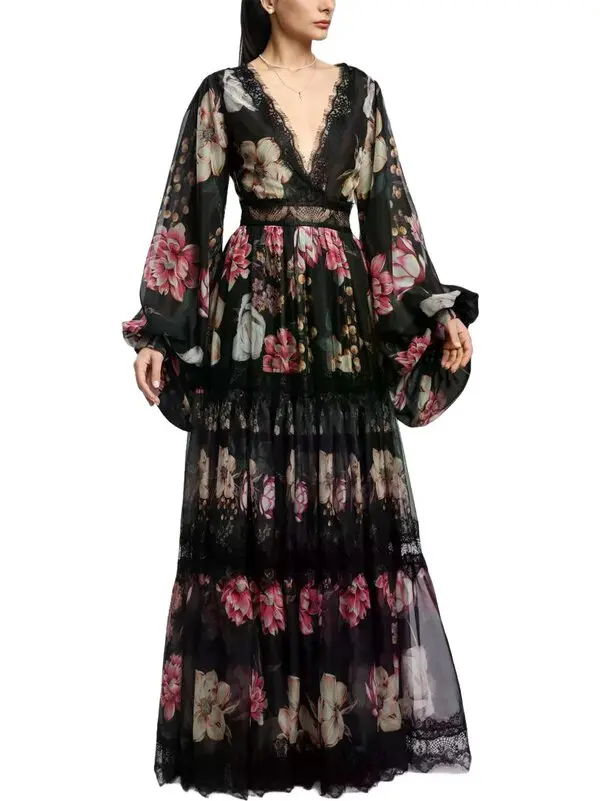 MIAU BY CLARA ROTESCU Lopez Floral Lace-trim Maxi Dress - Black