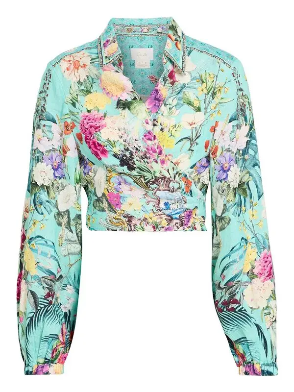 Camilla Cropped Crystal-embellished Floral-print Linen Wrap Top - Turquoise
