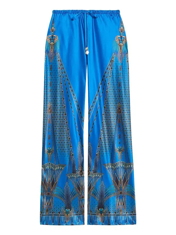 Camilla Crystal-embellished Printed Silk-satin Wide-leg Pants - Bright Blue
