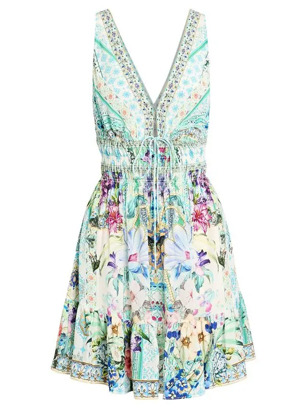 Camilla Printed Silk Mini Dress - Turquoise