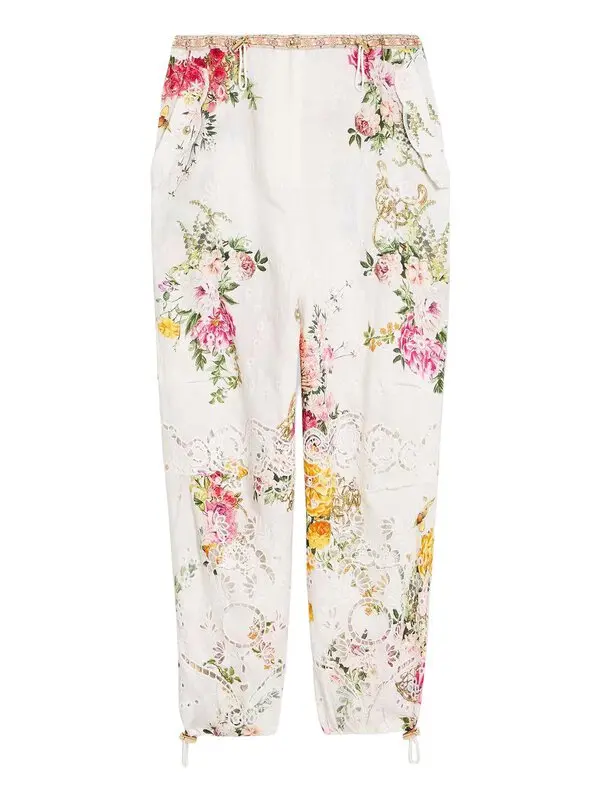 Camilla Floral-print Broderie Anglaise Linen Tapered Pants - Off-white