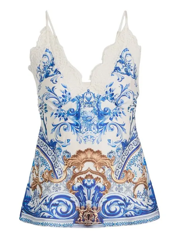 Camilla Lace-trimmed Printed Silk-twill Camisole - Blue