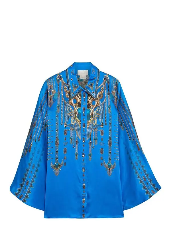 Camilla Crystal-embellished Printed Silk-satin Shirt - Bright Blue