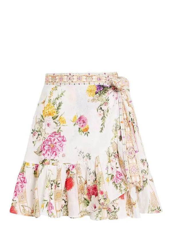 Camilla Crystal-embellished Floral-print Linen Mini Wrap Skirt - Off-white