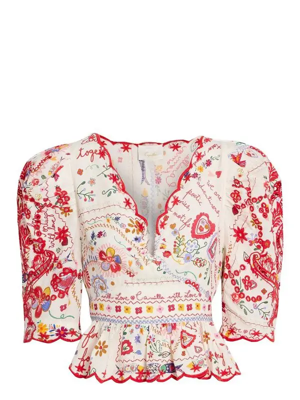Camilla Broderie Anglaise-trimmed Embellished Printed Linen Blouse - Red