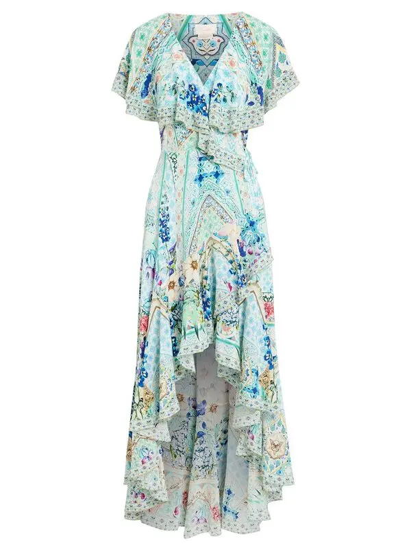 Camilla Printed Silk Crepe De Chine Maxi Wrap Dress - Turquoise