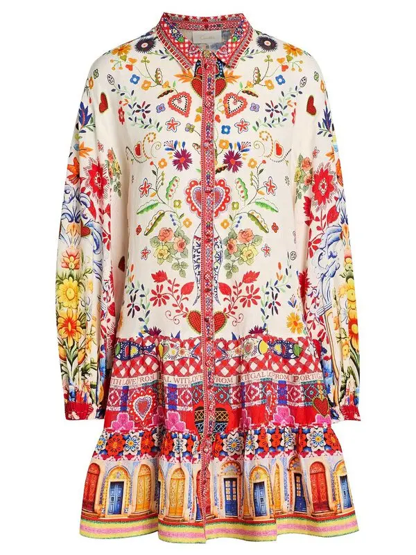 Camilla Crystal-embellished Printed Linen Mini Shirt Dress - Red